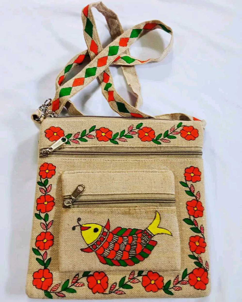 HandPainted Madhubani Jute Sling Bag – DailyDesignist